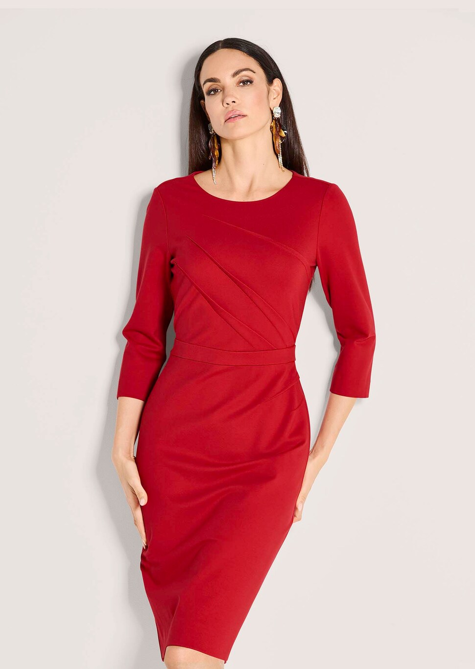 Slim jersey dress with 3/4-length sleeves and decorative piping in red ...