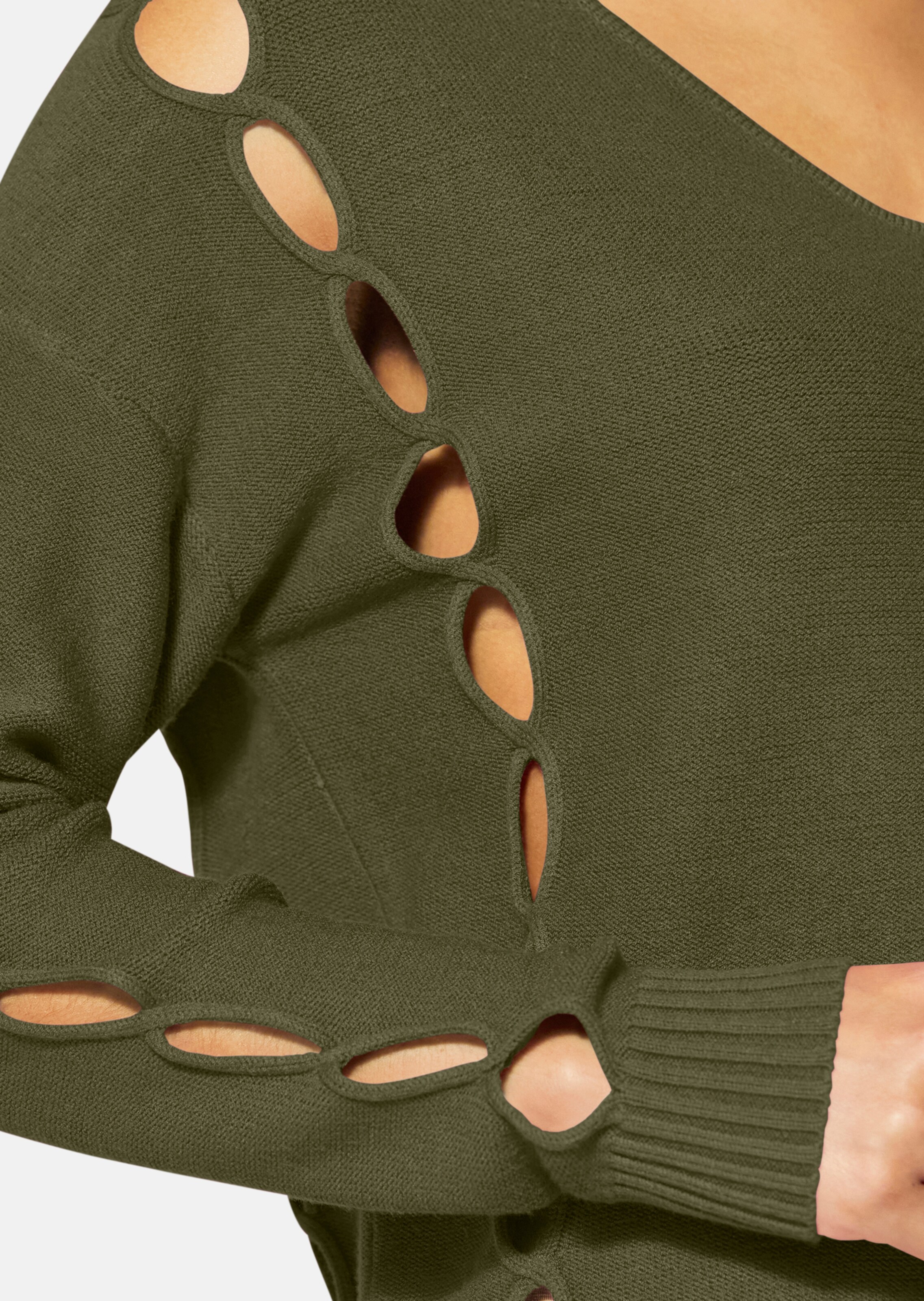 Knitted jumper with cut-outs and V-neckline in khaki | MADELEINE Fashion