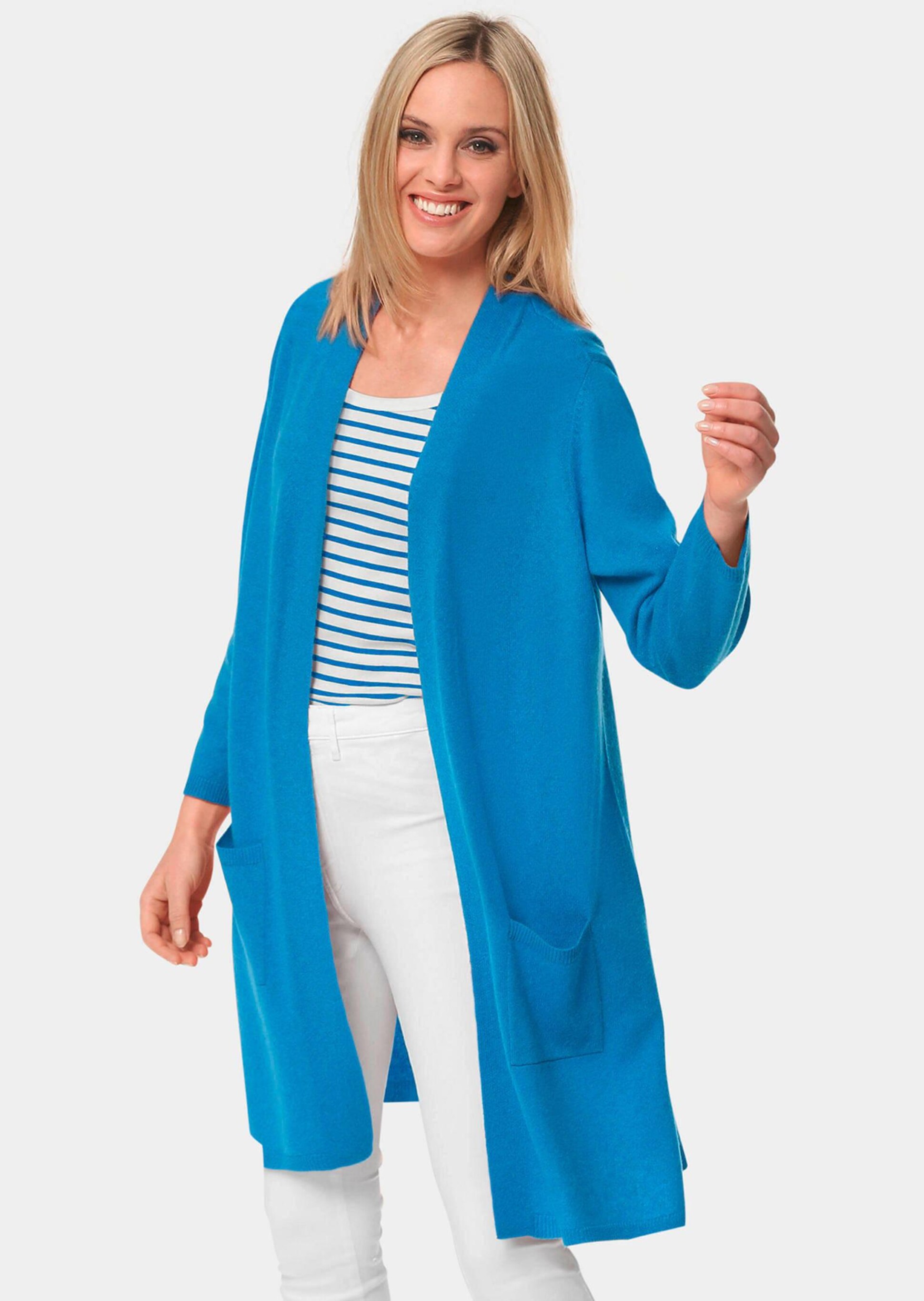 Modieus lang tricot jasje van kasjmier in blauw | GOLDNER