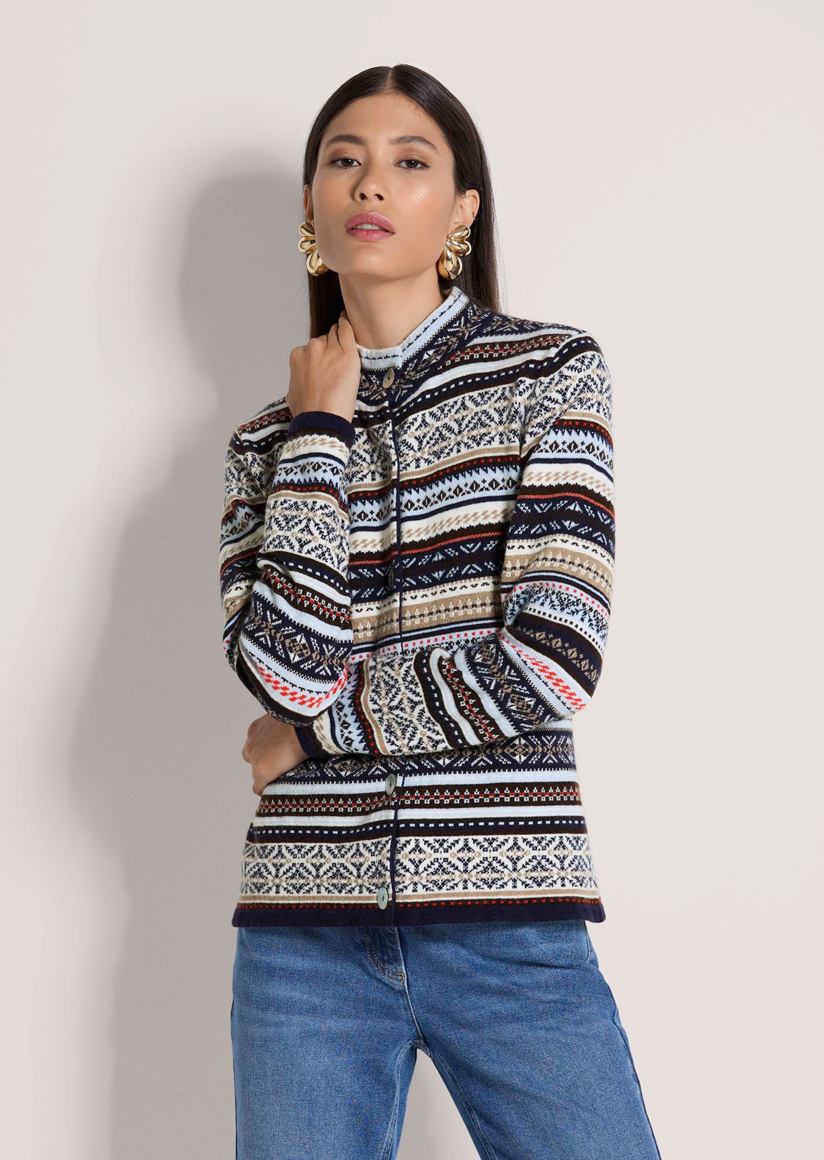 Jacquard-Strickjacke mit Norweger-Muster in marine / multicolor ...