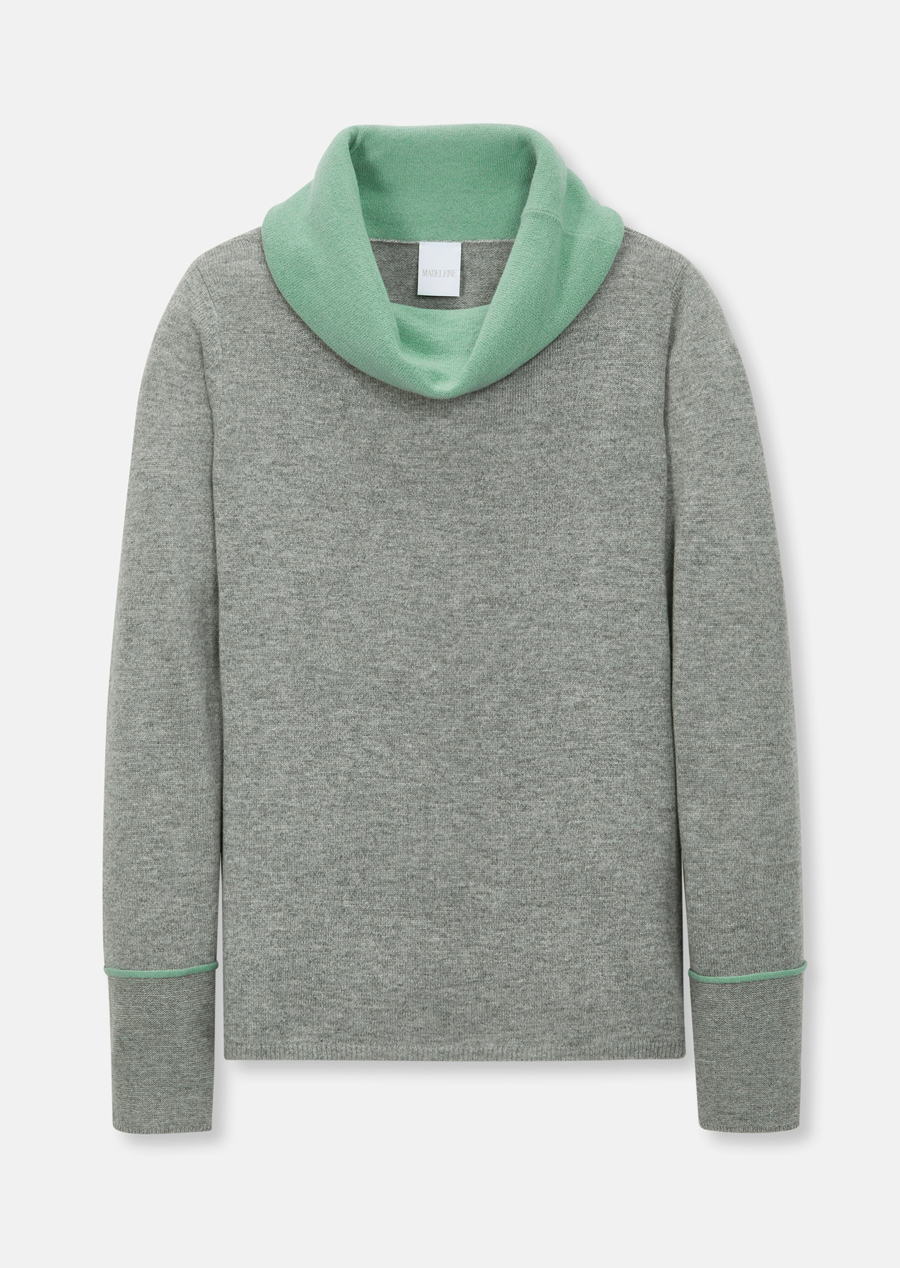 Jumper with capouchon collar in grey / melange / sage | MADELEINE Fashion