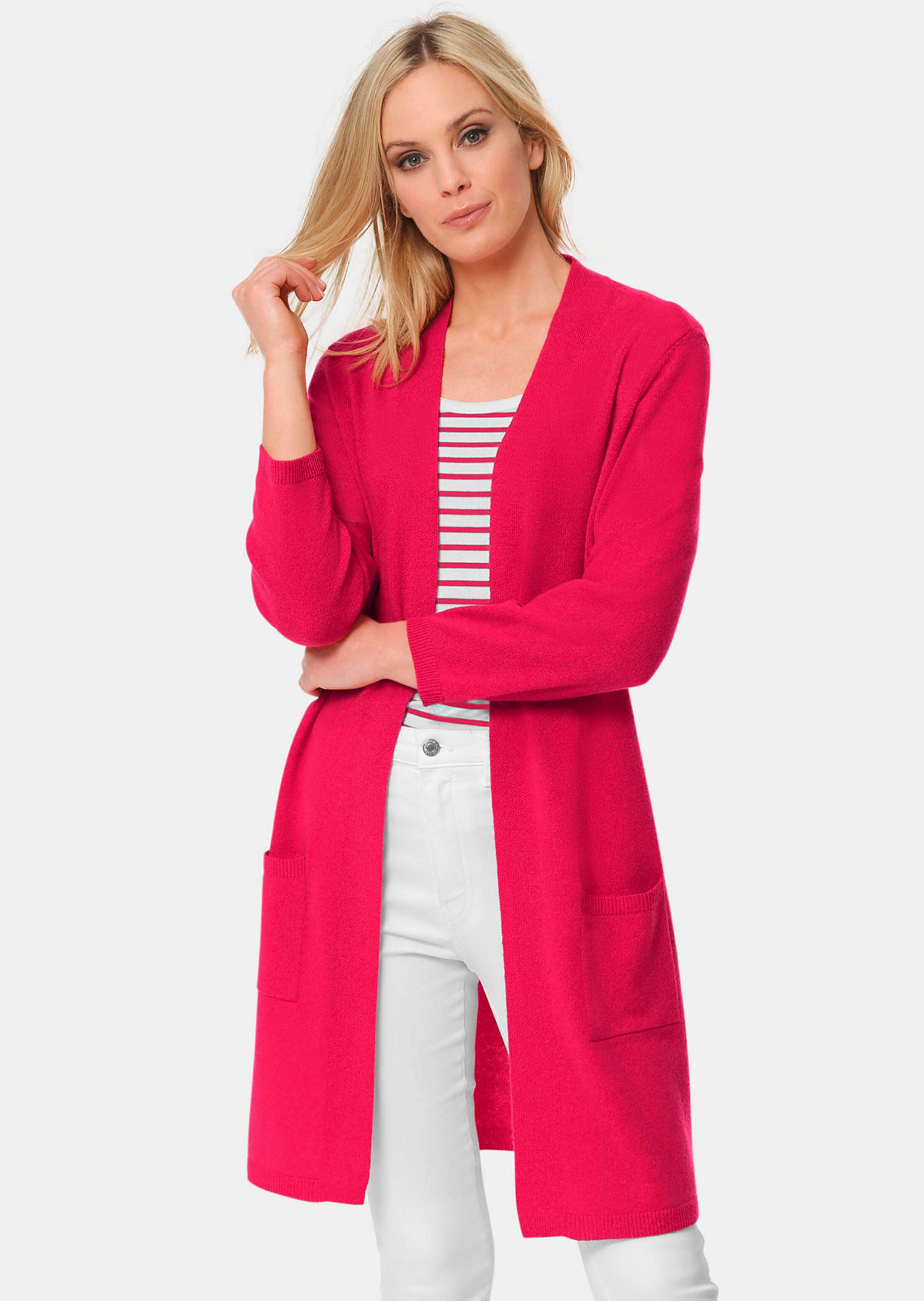 Modieus lang tricot jasje van kasjmier in pink | GOLDNER